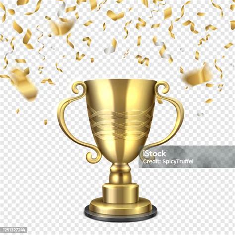 황금 컵 떨어지는 색종이 챔피언 골드 트로피 챔피언십 우승자 골든 스포츠 또는 음악 시상식 포스터 리더십과 성공 벡터 3d 고립