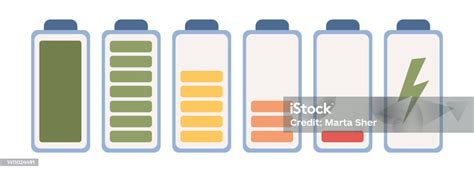 배터리 충전 표시기 아이콘 세트 Сharge 수준 충전 전력 방전되고 완전히 충전된 배터리 배터리 충전이 높음에서 낮음까지 벡터