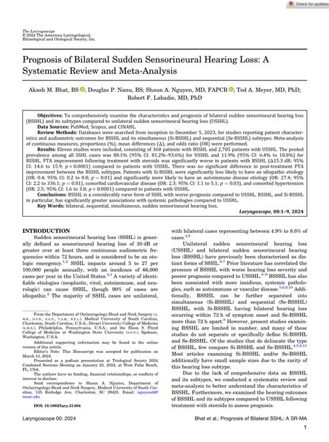 Pdf Prognosis Of Bilateral Sudden Sensorineural Hearing Loss A Systematic Review And Meta
