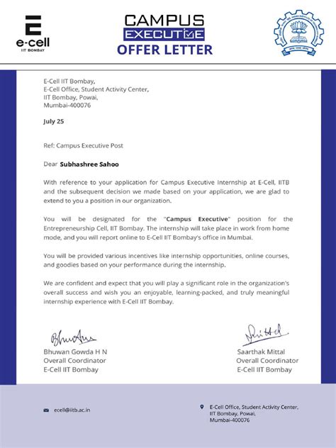 Offer Letter Of Internship Pdf
