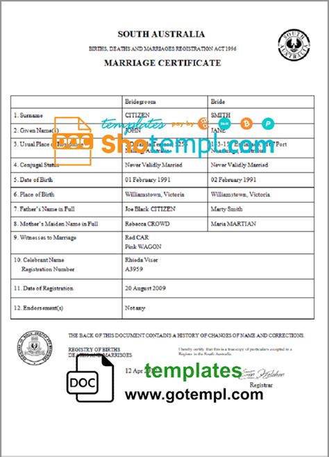 Australia South Australia Marriage Certificate Fake Template In Word And PDF Format