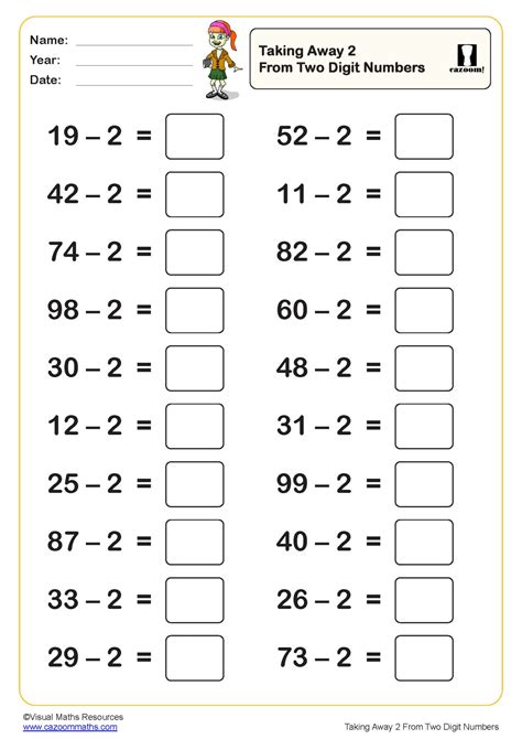 Taking Away 2 From Two Digit Numbers Worksheet 20 Questions Key