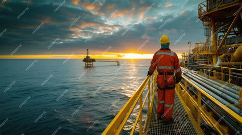Premium Photo A Man Is Walking Across A Bridge To An Oil Rig In The