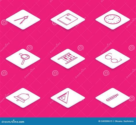 Set Line Drawing Compass Notebook Clock Magnifying Glass Abacus Glasses Ringing Bell And