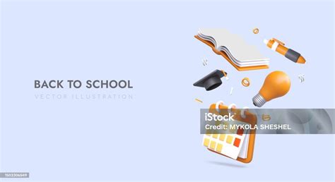 학교 개념으로 돌아갑니다 3d 현실적인 달력 전구 열린 책 펜 및 학업 모자 공예에 대한 스톡 벡터 아트 및 기타 이미지