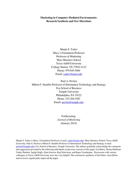 Pdf Marketing In Computer Mediated Environments Research Synthesis And New Directions