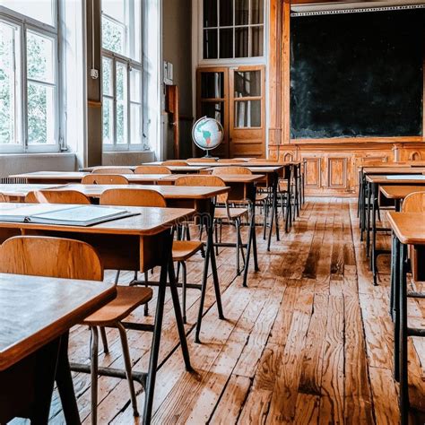 Neatly Arranged Desks In A Spacious Empty Classroom With Large Stock Image Image Of Windows