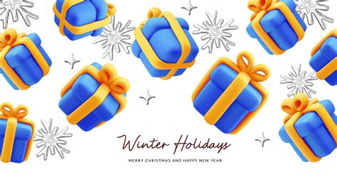 노란 리본과 텍스트와 현실적인 블루 컬러 선물 상자의 벡터 그림 흰색 배경에 눈송이가 있는 선물 상자 패턴의 3d 스타일 휴일 디자인입니다 축제 선물 서프라이즈 겨울에 대한