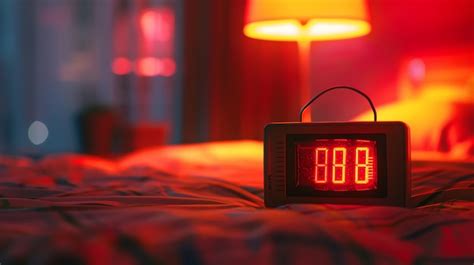 Retrofuturistic Bedside Alarm Clock With Glowing Red Digits The Clock Is Sitting On A Soft