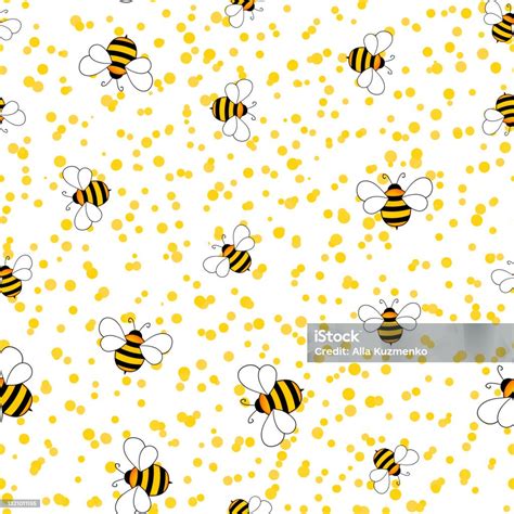 흰색 물방울 무늬 배경에 꿀벌과 원활한 패턴 작은 말살 벡터 그림입니다 사랑스러운 만화 캐릭터 초대 카드 직물 직물에 대한 템플릿 디자인 낙서 스타일 개념에 대한 스톡 벡터