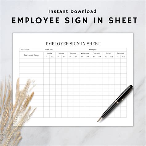 Employee Sign In Sheet Weekly Time Tracker Pdf Download Etsy