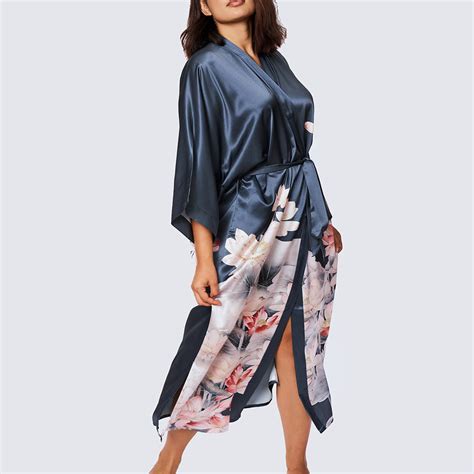 Lotus Plus Size Washable Silk Kimono Robe Long Kimono