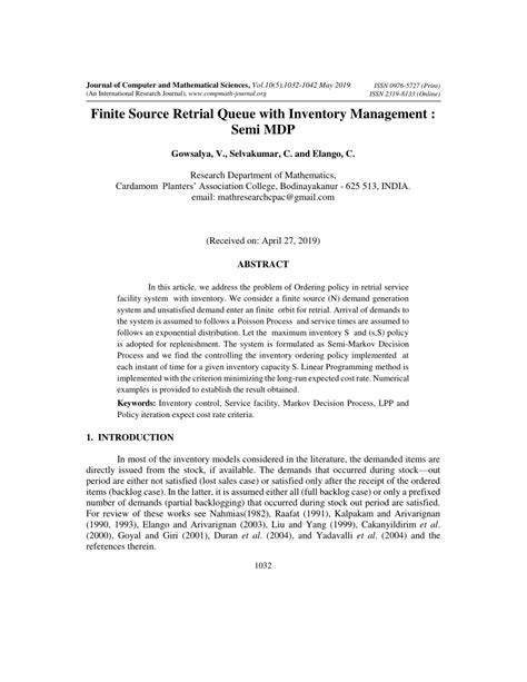 Pdf Finite Source Retrial Queue With Inventory Management Semi Mdp