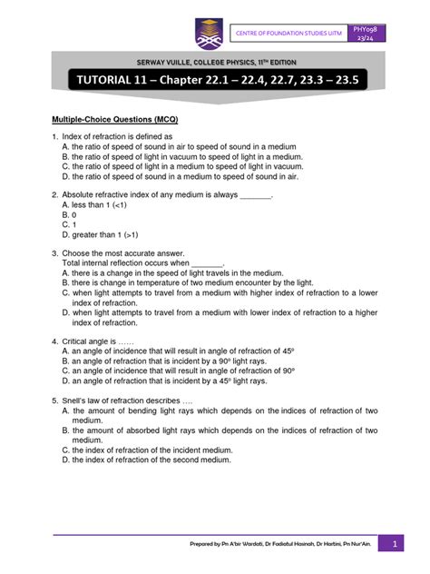 Tutorial 11 Q Pdf Refraction Refractive Index