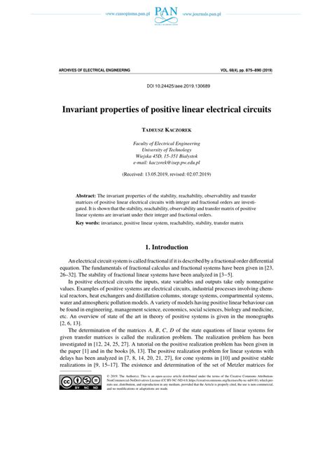 pdf invariant properties of positive linear electrical circuits