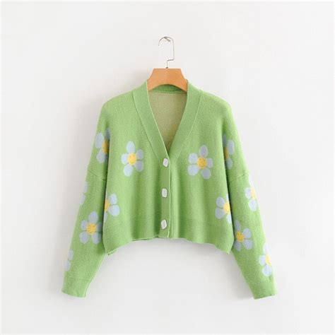 Cute Light Green Floral Sweater Pokekawa