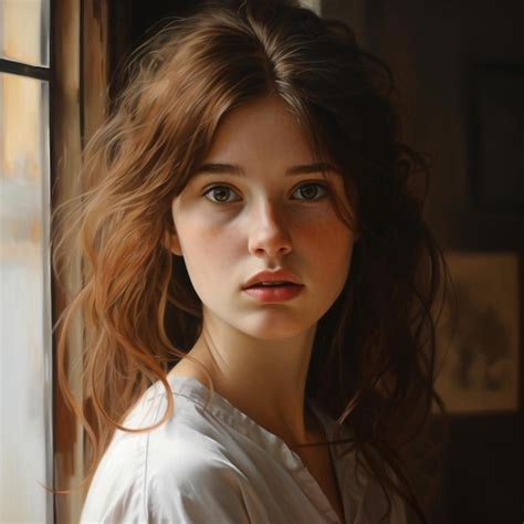 Premium Ai Image A Woman In A White Shirt Is Standing By A Window With A Window Behind Her