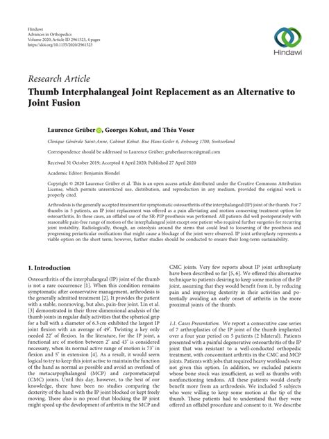 PDF Thumb Interphalangeal Joint Replacement As An Alternative To Joint Fusion