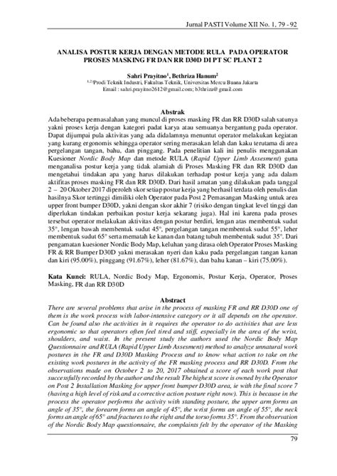 Pdf Analisa Postur Kerja Dengan Metode Rula Pada Operator Proses Masking Fr Dan Rr D30d Di Pt