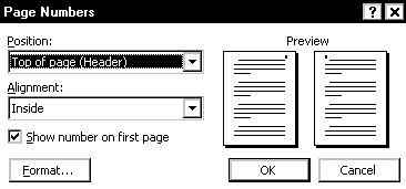 Numbering Pages Dialog Box Option