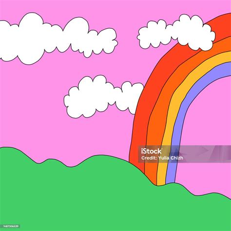 소셜 미디어에 대 한 사각형 템플릿입니다 편집 가능한 레이어드 사진 프레임1970 사이키델릭하고 그루비한 히피족 무지개 하늘 구름이 있는 판타지 순진한 배경90년대 좋은