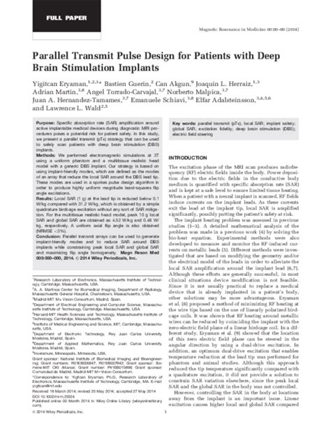 Pdf Parallel Transmit Pulse Design For Patients With Deep Brain Stimulation Implants