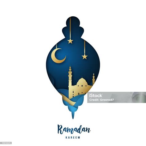 라마단 카림 실루엣 램프 초승달 달과 별에에서 아랍어 골드 종이 접기 모스크와 그림 종이 컷 스타일 벡터 배경입니다 Eid Ul
