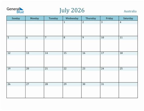 July 2026 Monthly Calendars With Australia Holidays