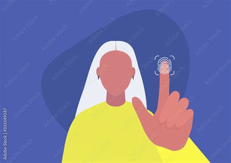 Fingerprint Access New Technologies Babe Female Character Scanning Their Finger Stock Vector