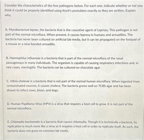 Solved Consider the characteristics of the five pathogens | Chegg.com