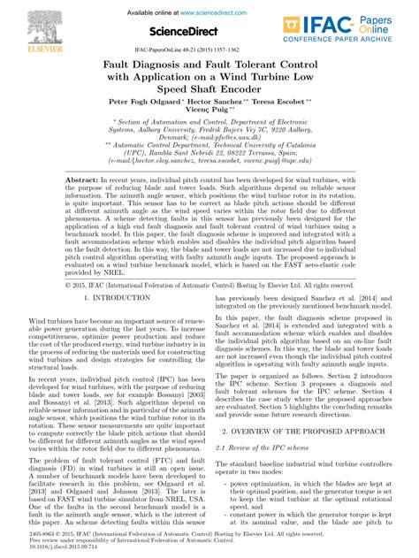 Pdf Fault Diagnosis And Fault Tolerant Control With Application On A Wind Turbine Low Speed