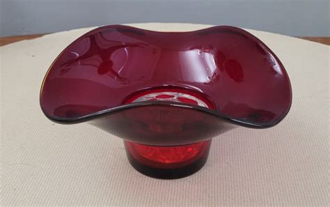 Vintage Sowerby Ruby Red Glass Posy Bowl With Flower Frog Furniture And Home Living Home Decor