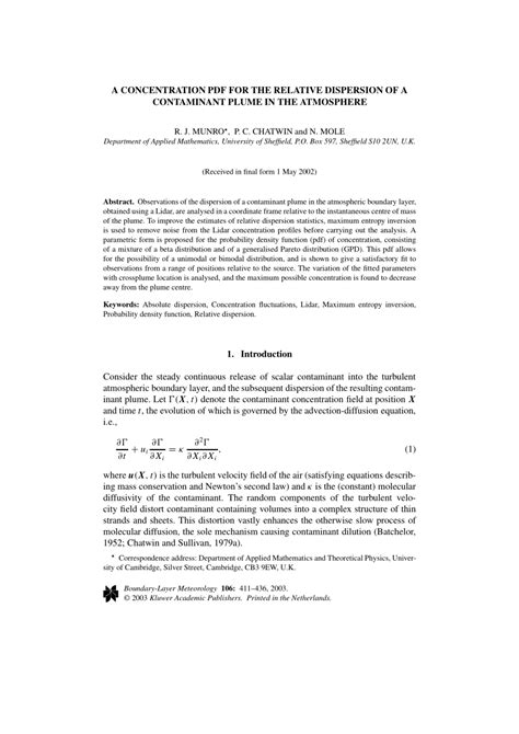 Pdf A Concentration Pdf For The Relative Dispersion Of A Contaminant
