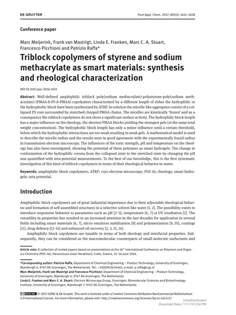 Pdf Triblock Copolymers Of Styrene And Sodium Methacrylate As Smart Materials Synthesis And