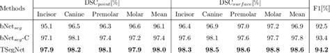 numerical performance of segmentation accuracy for different