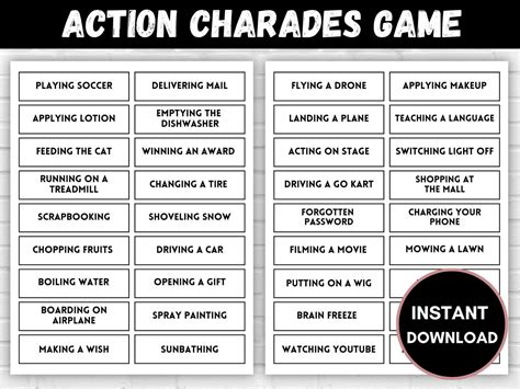 Printable Charades Game 70 Fun Words And Actions Charades Charades