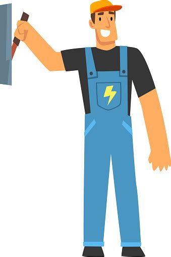 전원 스위치 작업 벡터 일러스트 레이 션에서 파란색의 바지에 전기 남자 문자 직업적인 전기 기술자에 대한 스톡 벡터 아트 및