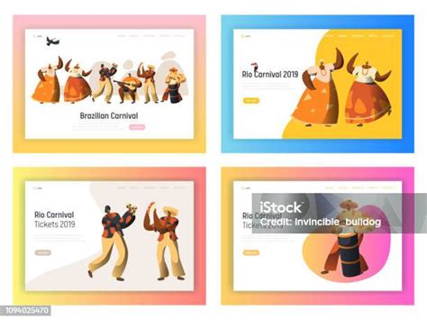 브라질 카니발 댄서 페이지 세트를 방문입니다 웹사이트 또는 웹 페이지 플랫 만화 벡터 일러스트 레이 션에 대 한 리오 데 자네이