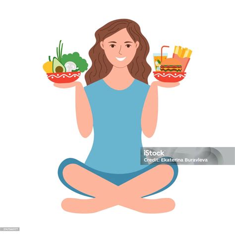 건강한 음식과 건강에 해로운 음식 개념 사이에서 선택하는 여성 패스트 푸드와 균형 잡힌 메뉴의 비교 개념에 대한 스톡 벡터 아트 및 기타 이미지 Istock