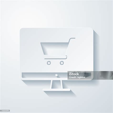 데스크톱 컴퓨터로 온라인 쇼핑 빈 배경에 종이 잘라내기 효과가 있는 아이콘 3차원 형태에 대한 스톡 벡터 아트 및 기타 이미지