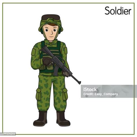 흰색 배경에 고립 된 군인의 벡터 그림입니다 직업과 직업 개념 만화 캐릭터 교육 및 학교 아이 색칠 페이지 인쇄 가능 활동 워크