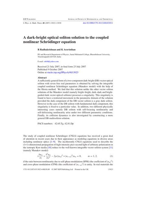 Pdf A Dark Bright Optical Soliton Solution To The Coupled Nonlinear Schrödinger Equation