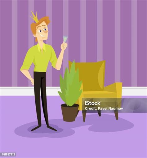 현대 캐주얼 옷에 황금 왕관 왕자 재미 젊은 남자 거실 아파트 벡터 일러스트 레이 션 만화 스타일의 배경에 포즈 만화 캐릭터 귀여운에 대한 스톡 벡터 아트 및 기타 이미지
