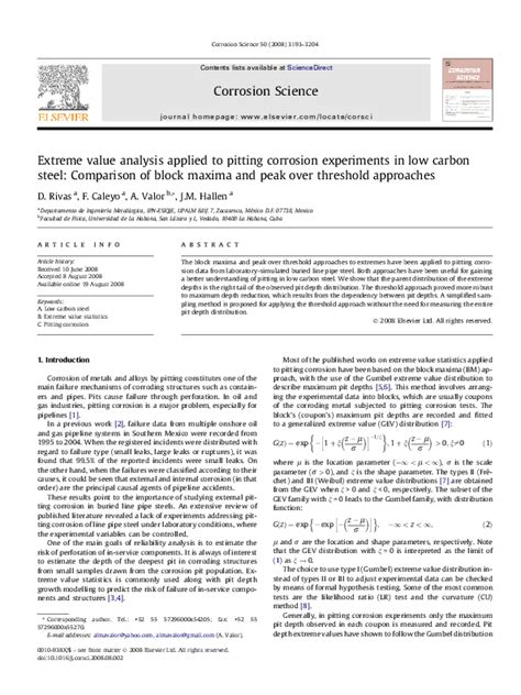 Pdf Extreme Value Analysis Applied To Pitting Corrosion Experiments In Low Carbon Steel
