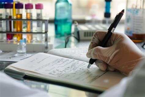 Scientist Writing Results In A Lab Notebook In A Laboratory Bright Natural Light Analytical