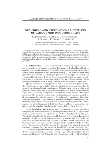 Pdf Numerical And Experimental Modelling Of Various Mhd Induction Pumps