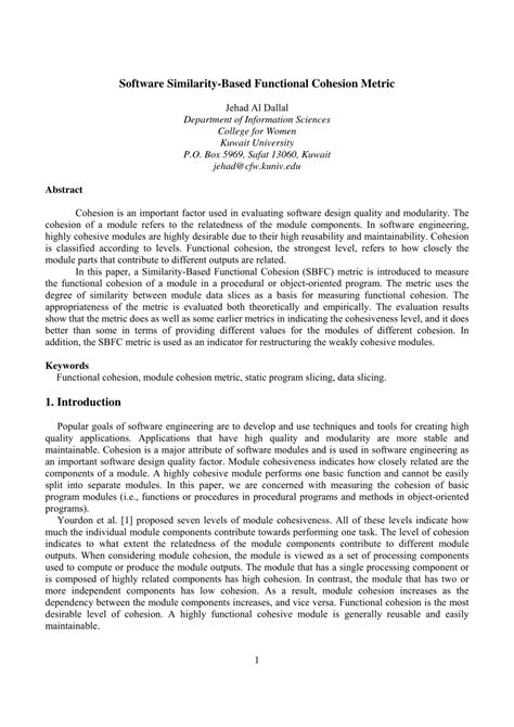 Pdf Software Similarity Based Functional Cohesion Metric