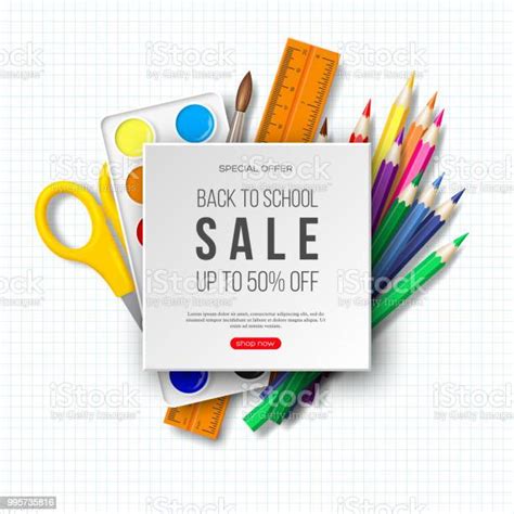 돌아가기 현실 학 용품으로 학교 판매 배너 흰색 배경 벡터 일러스트 레이 션 3차원 형태에 대한 스톡 벡터 아트 및 기타 이미지