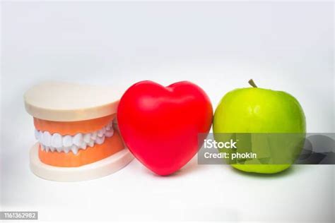 녹색 할머니 스미스 사과에 대한 거짓 치아 틀니 치과 보철 치료 의사의 손에 의치와 사과 치과 치료를위한 음식과 개념 아름다운