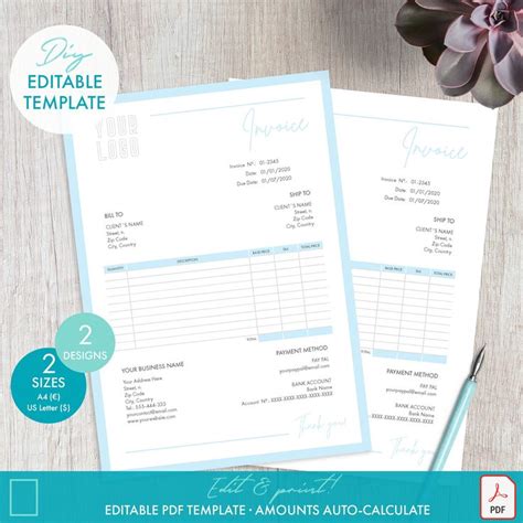 printable elegant invoice template pdf download 2 colors editable pdf
